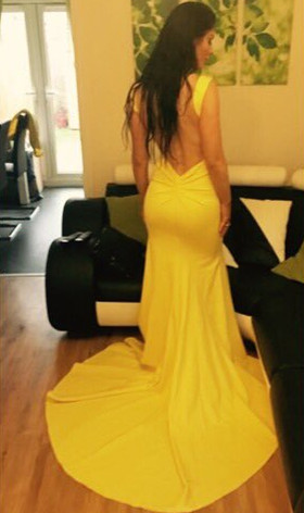 Yellow Plunging Neck Low Back Prom Dress With Side Slit on Luulla